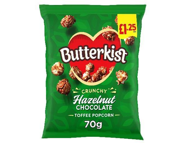 New Butterkist Crunchy Hazelnut Chocolate flavour toffee popcorn ...